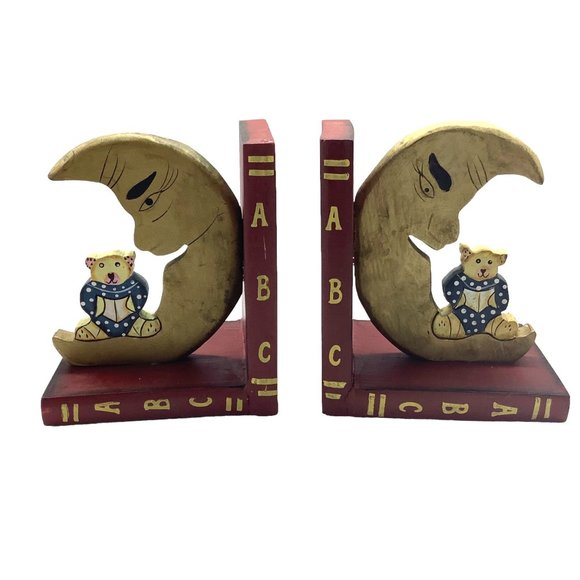 Vintage | Accents | Vintage Moon Bear Abcs Painted Carved Wood Bookends ...